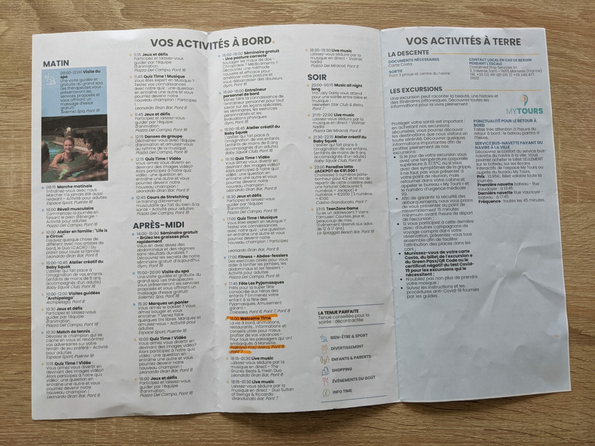 Le journal de bord "Oggi a bordo" sur le navire Costa Toscana