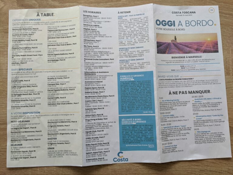 Le journal de bord "Oggi a bordo" sur le navire Costa Toscana